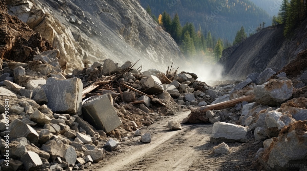 landslide in progress, with rocks and dirt tumbling down a hillside ...