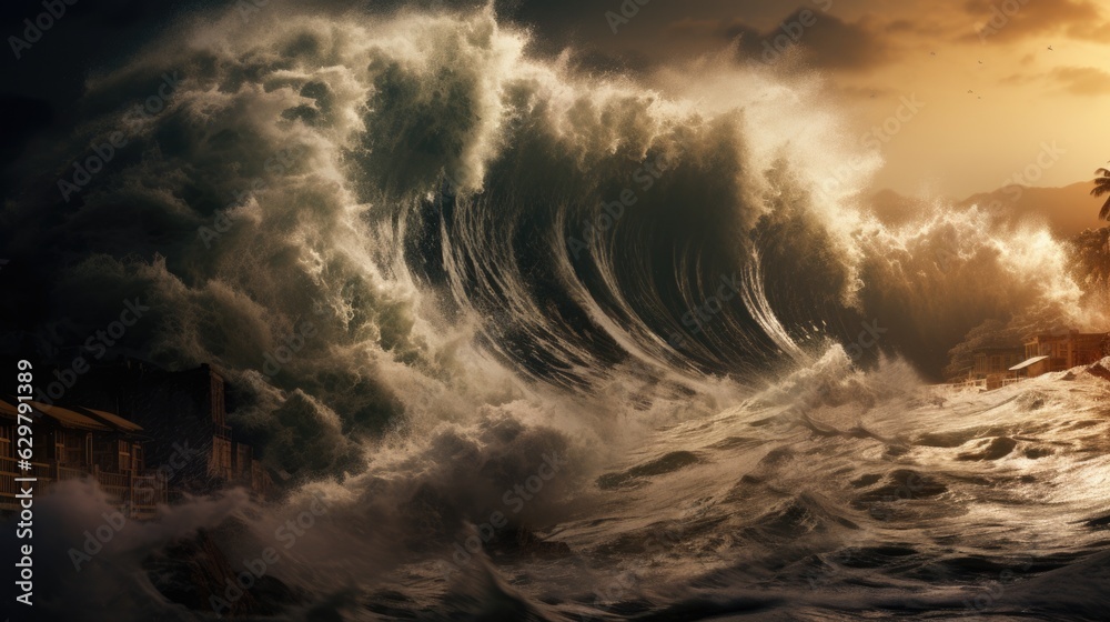 massive wave crashing onto the shore during a tsunami, illustrating the ...