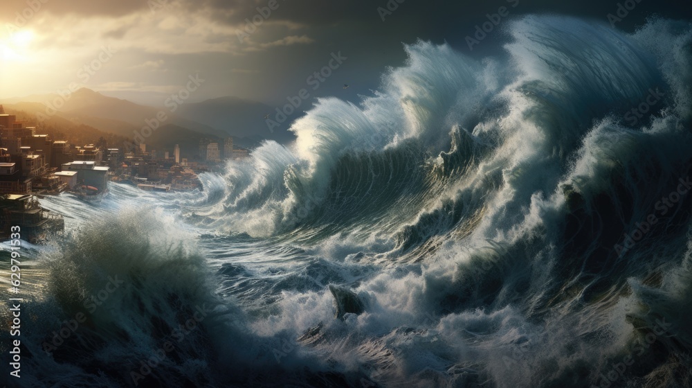 massive wave crashing onto the shore during a tsunami, illustrating the ...