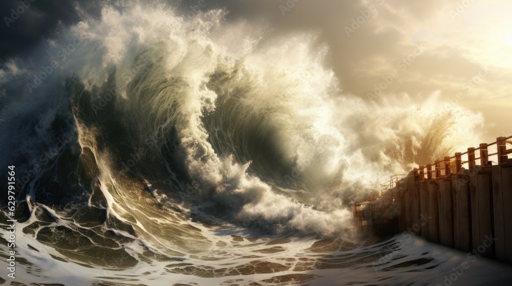 massive wave crashing onto the shore during a tsunami, illustrating the ...