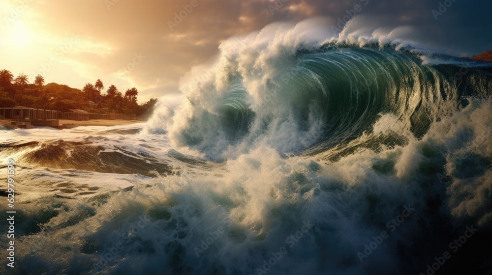 massive wave crashing onto the shore during a tsunami, illustrating the ...