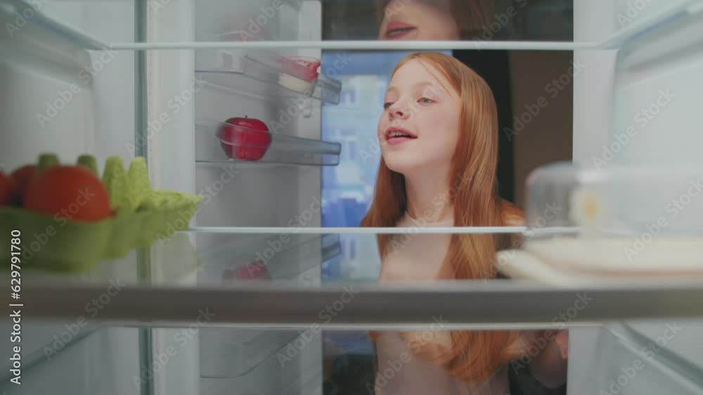 Young Girl Opening Fridge Door and Looking at Empty Shelves. Kid ...
