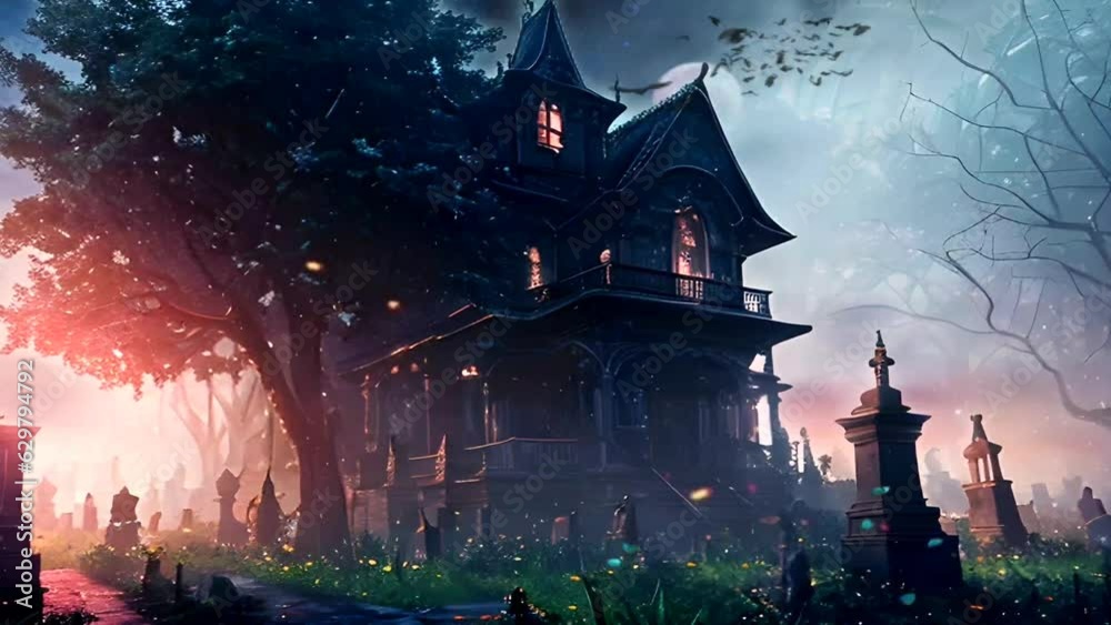 Scary Halloween Castle, ghosts and bats surround an old building with a ...