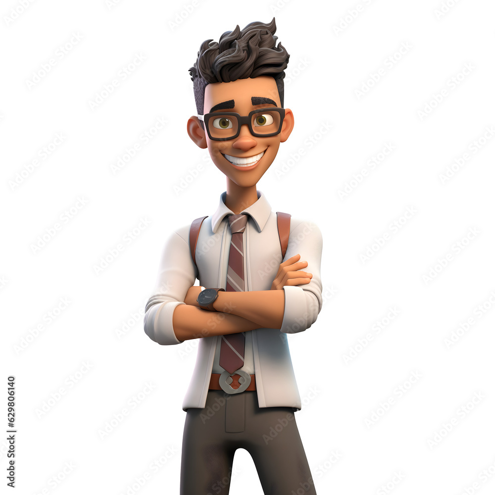 3D cartoon character happy smiling young man standing with arms crossed ...