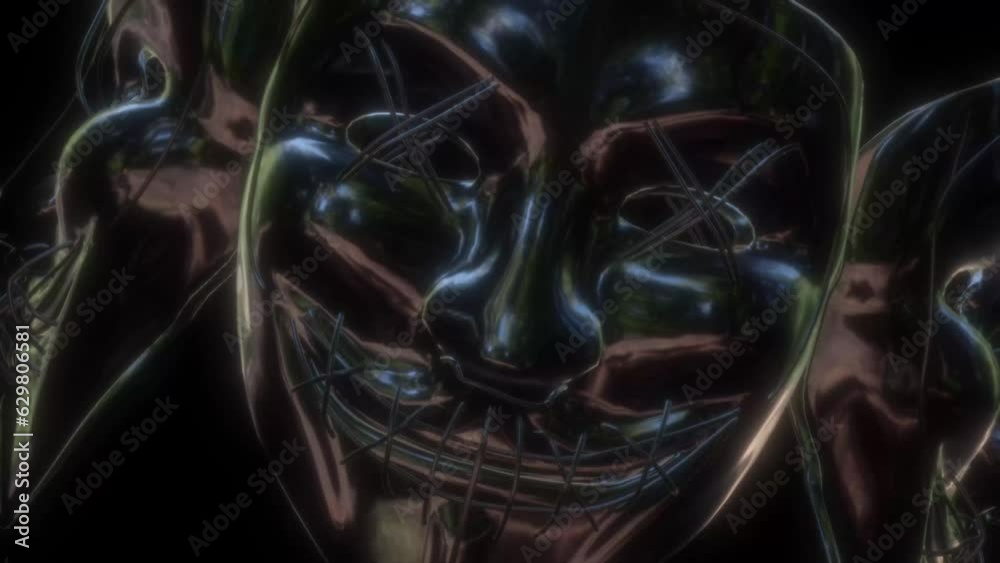 Animation of rotating and pulsing neon mask, spinning silhouette of ...