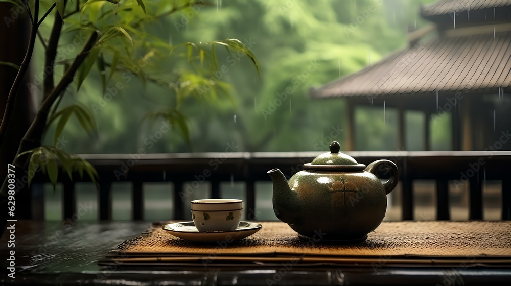 A tea set is placed on the corner of a table, with elegant bamboo ...