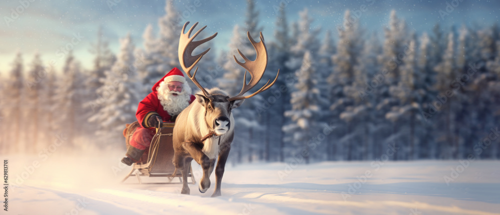 Santa Claus riding in a sleigh pulled by a reindeer Stock Photo | Adobe ...