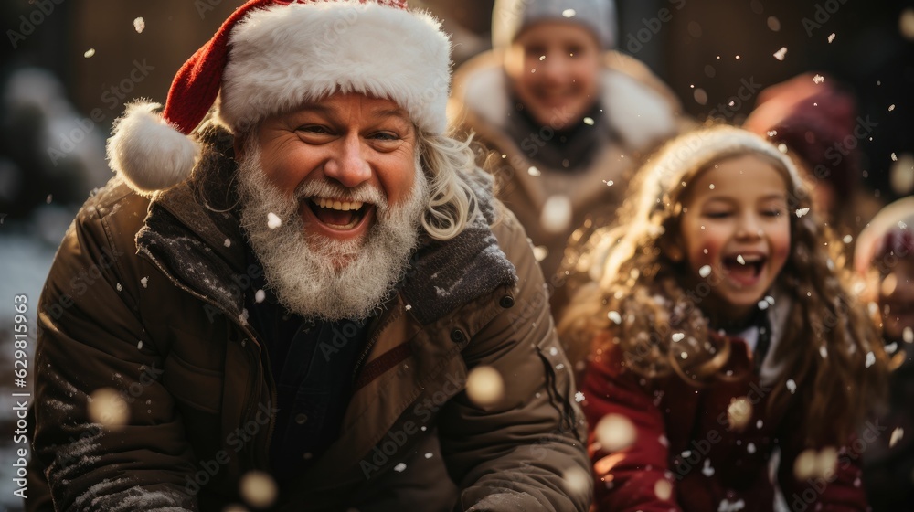 happiness joyful parents,santa Claus and children playing snowfall at ...