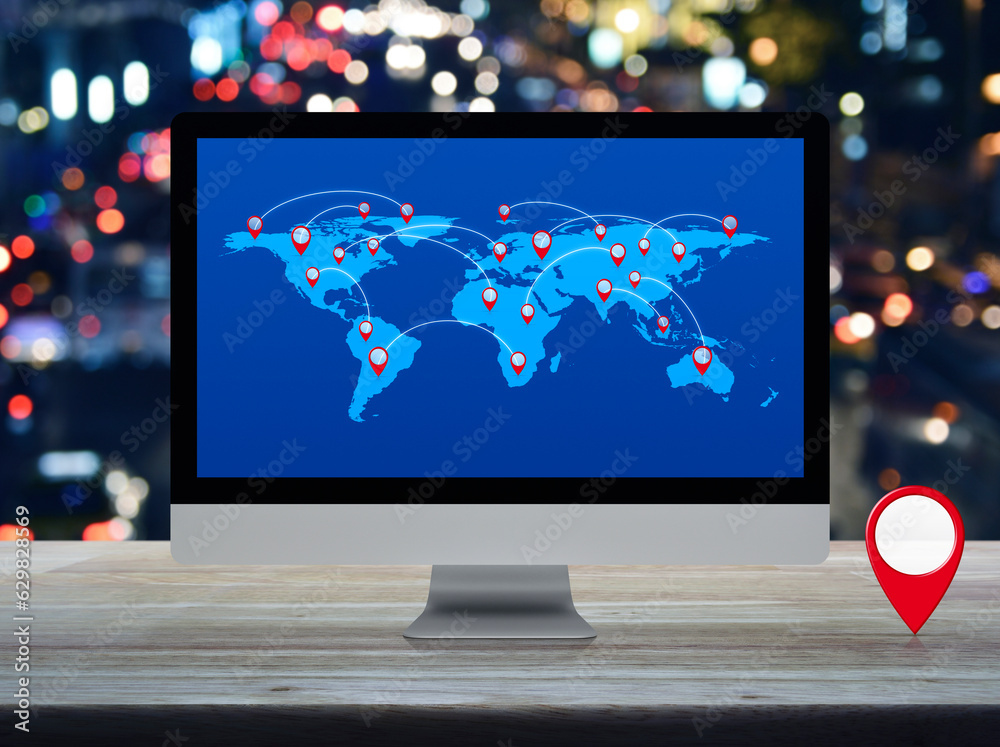 Map pin location button with connection line and world map on computer ...