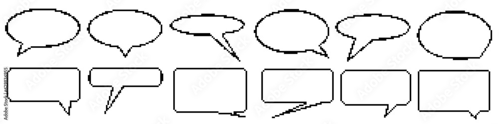 Pixel dialogue box set in white background. Speech pixel bubble for ...