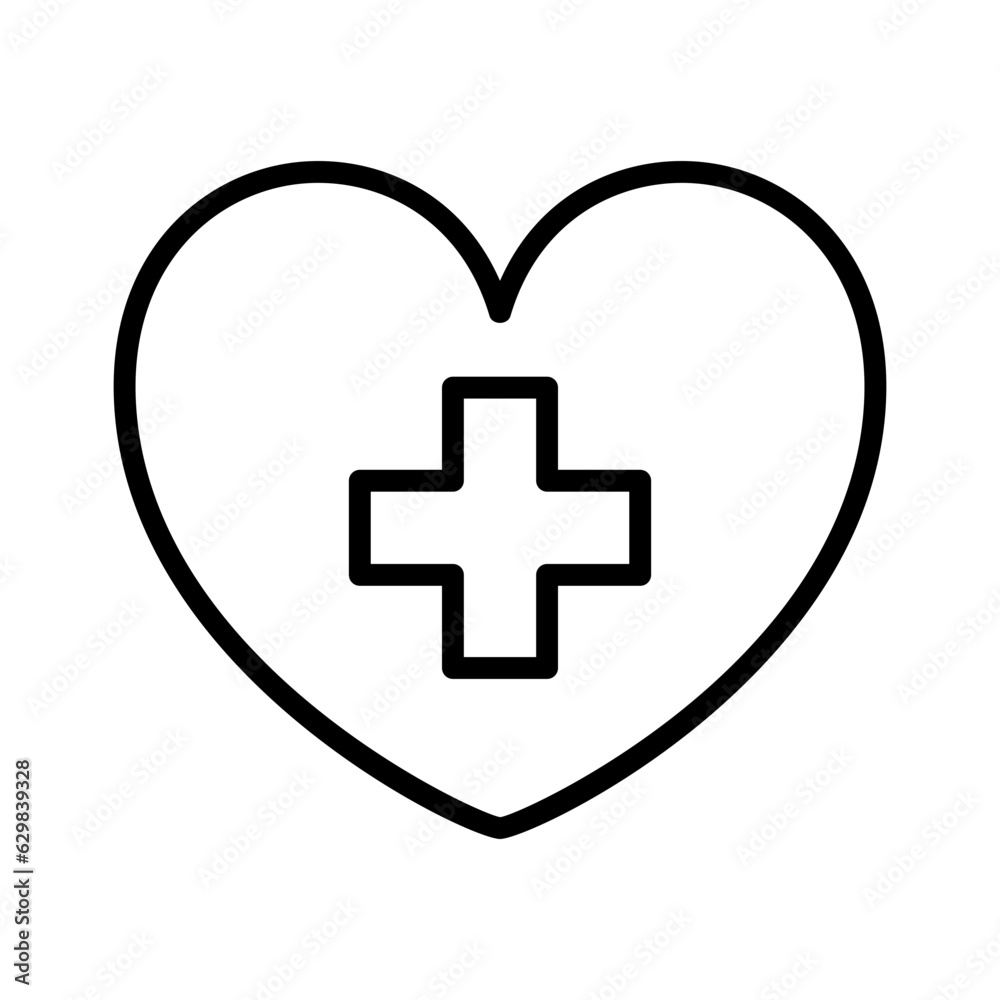 Black single cross inside heart shape line icon, simple medic support ...