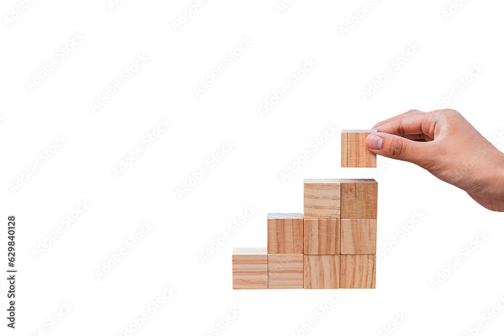 woman hand holding wooden blocks. Isolated on white background ...