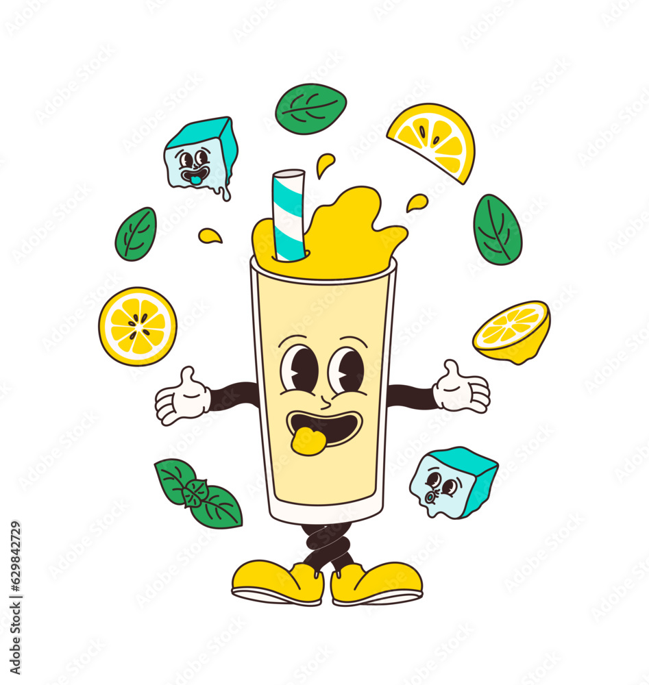 Lemonade glass character with melted ice cubes, mint leaves in comic ...