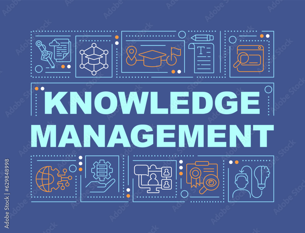 2D knowledge management text with various icons on dark monochromatic ...