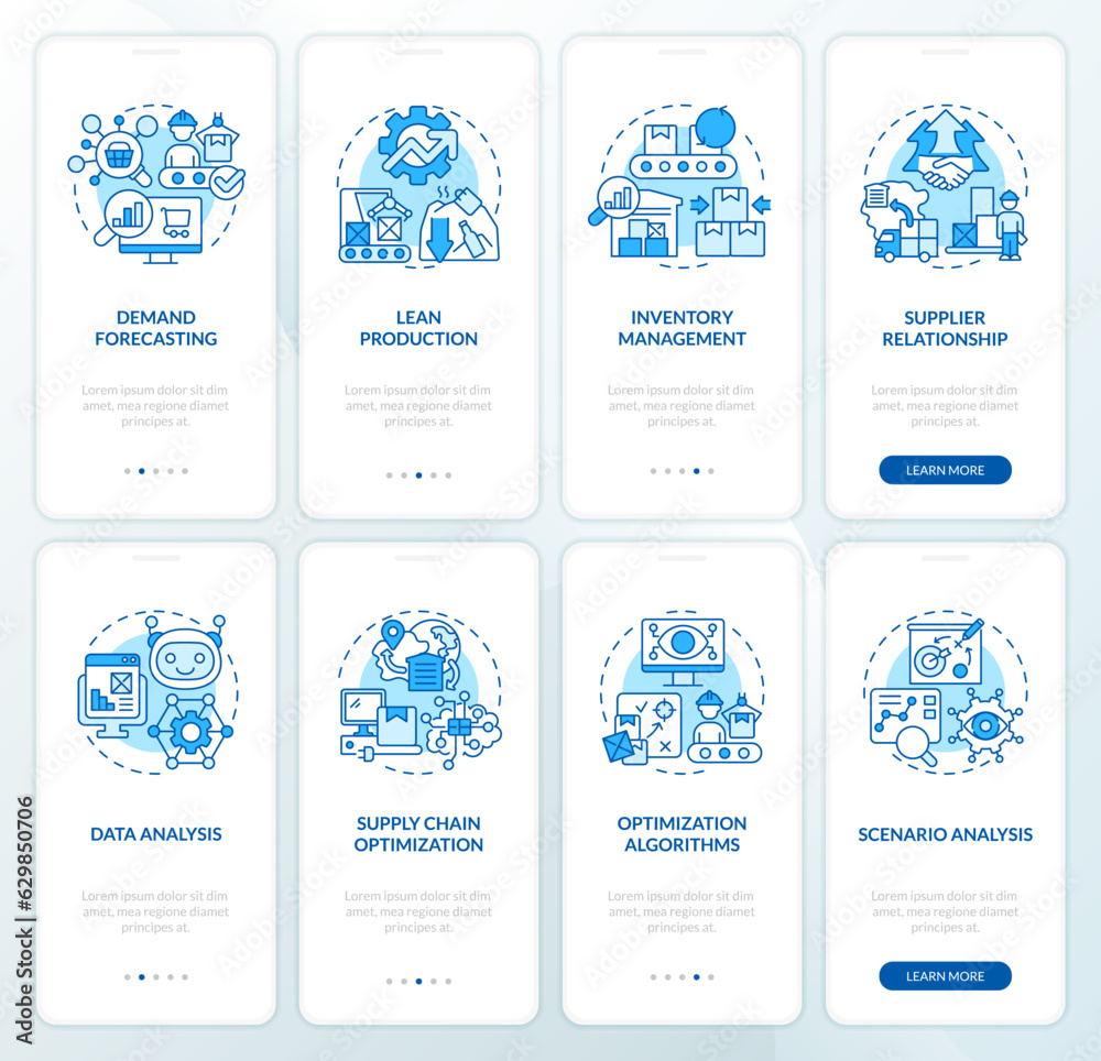 2D icons representing overproduction mobile app screen set. Walkthrough ...