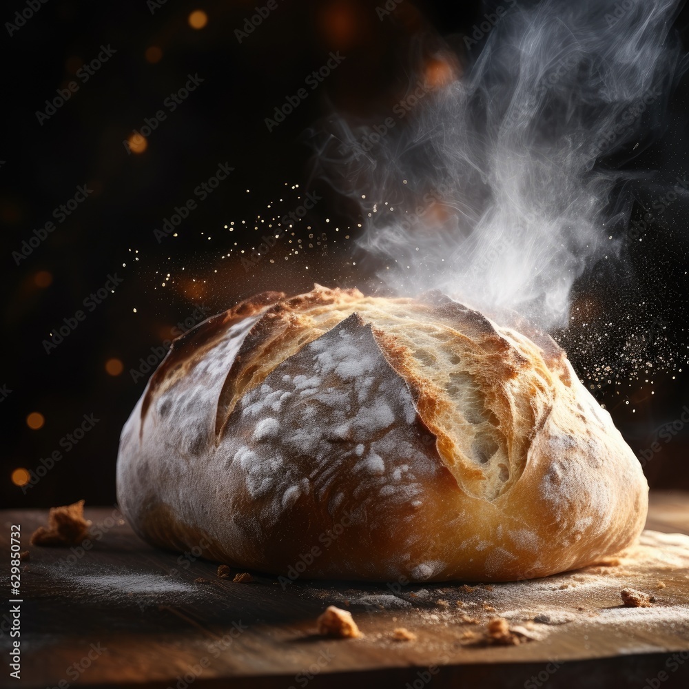 Loaf of homemade bread with steam coming out - created using generative ...