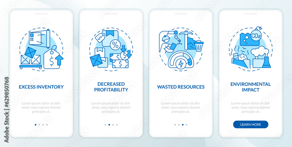2D blue linear icons representing overproduction mobile app screen set ...