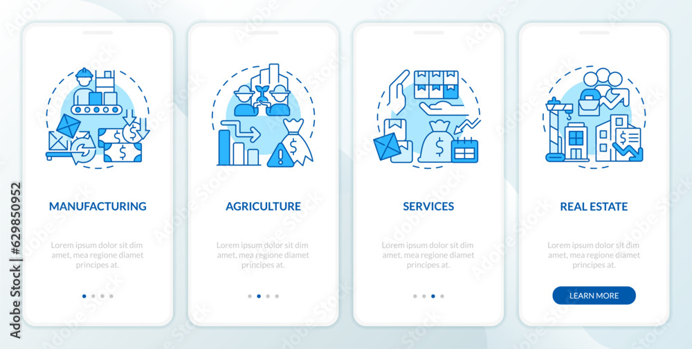 2D icons representing overproduction mobile app screen set. Walkthrough ...
