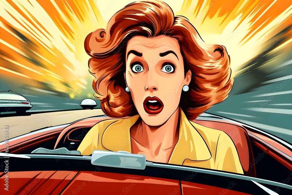 person in the car, frightened woman driving, speed on the road ...
