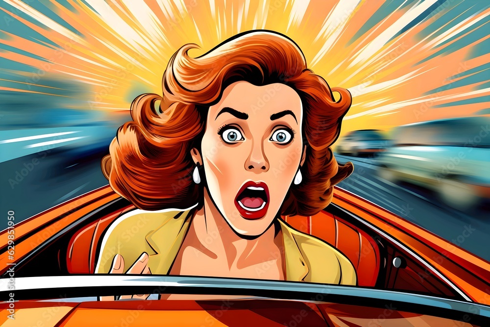 Frightened Woman Driving Speed On The Road Emotions Of The Driver And