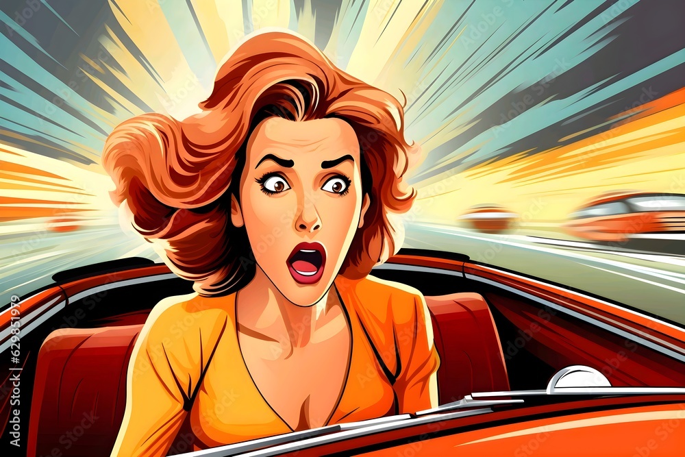 Frightened Woman Driving Speed On The Road Emotions Of The Driver And