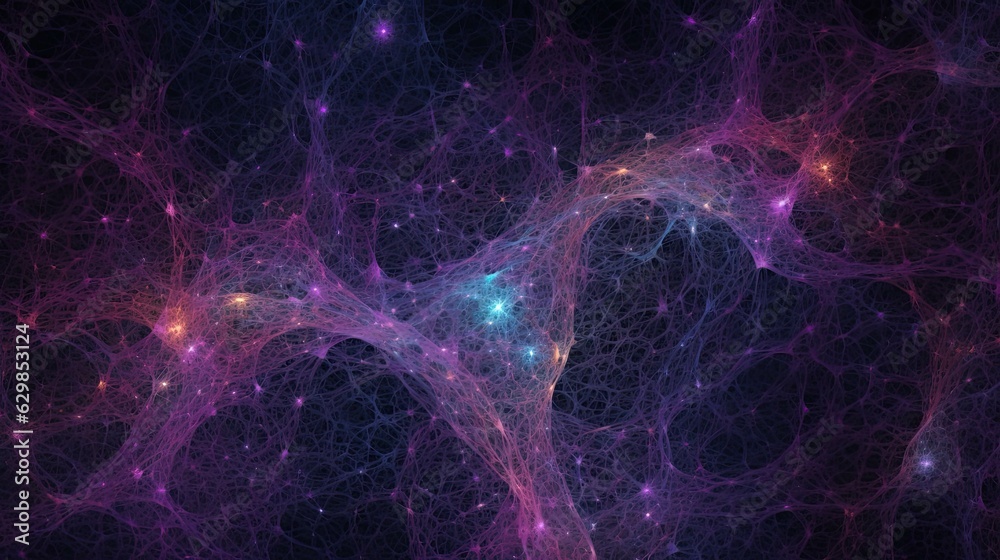 Universe map structure illustration of matter distribution in space, purple cosmic web of galaxy ...