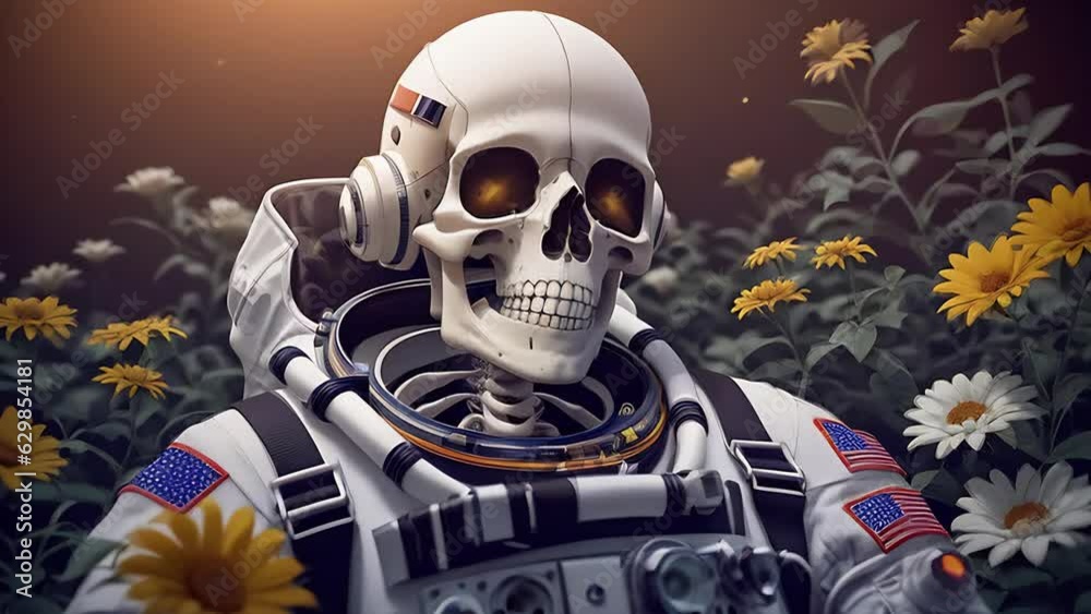 Undead astronaut in a spacesuit with flowers, surrealistic animation. Forgotten person, skeleton ...
