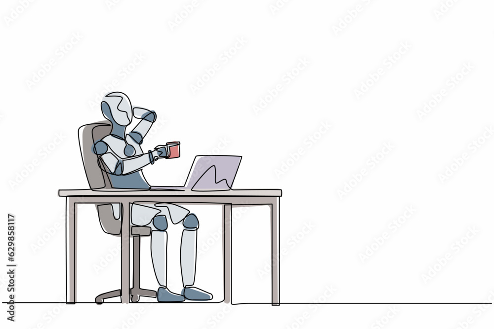 Continuous one line drawing robot relaxed at desk and drink cup of ...