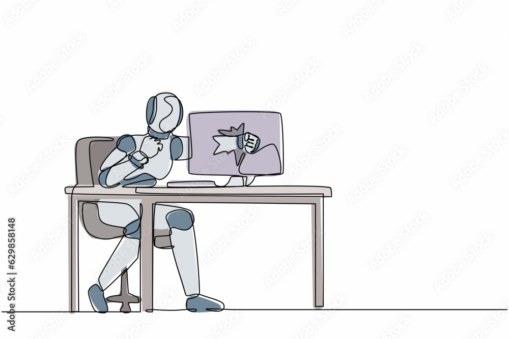 Single one line drawing angry robot breaks his laptop computer hitting ...