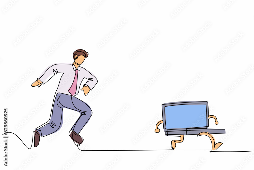 Continuous one line drawing furious businessman chasing laptop computer ...