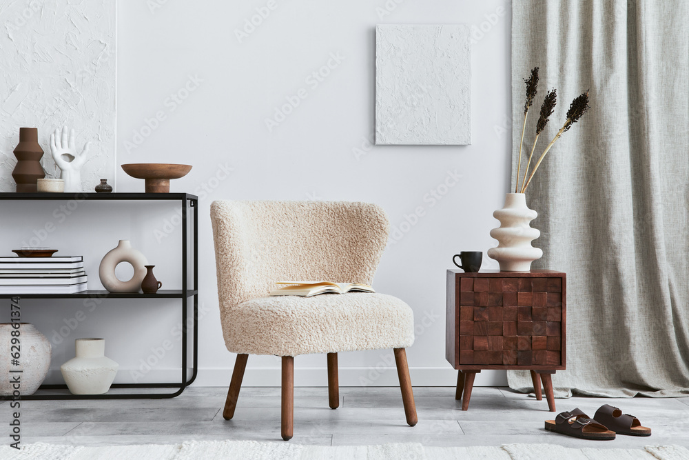 Creative composition of cozy living room interior design with mock up ...