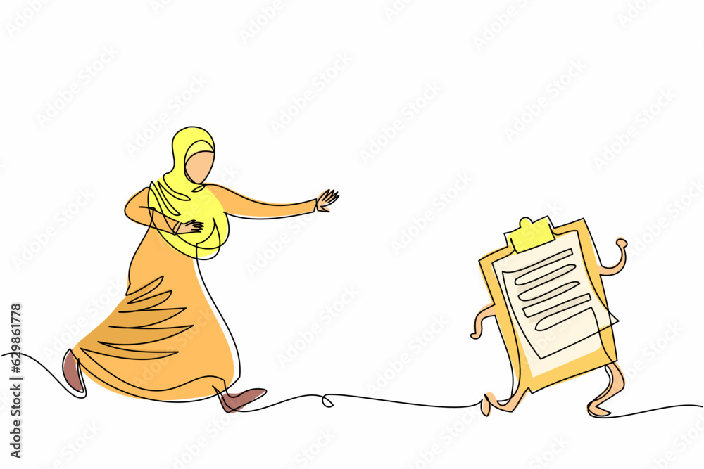 Continuous one line drawing Arabian businesswoman chasing clipboard ...