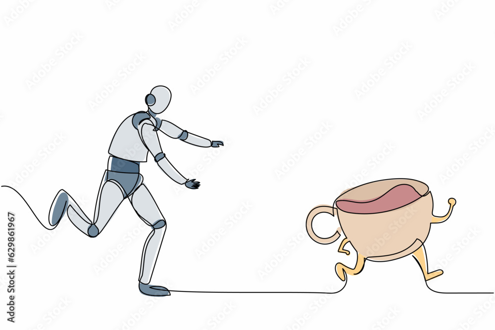 Continuous one line drawing robot run chase coffee cup. Digital ...