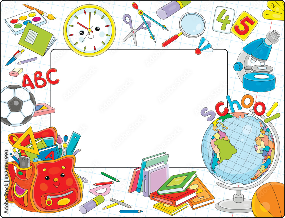 Vector school frame border with a funny cartoon satchel, globe, clock ...