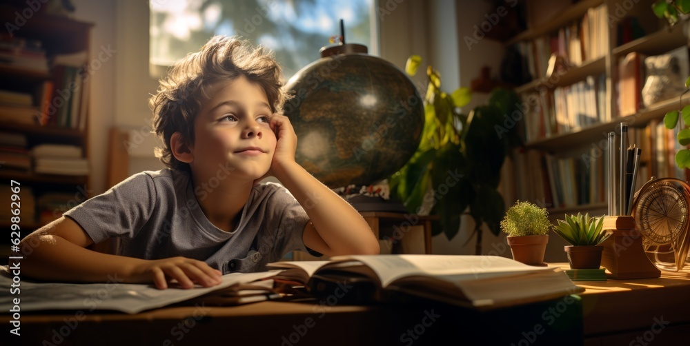 Child thinking about his future while studying in the library or at the ...