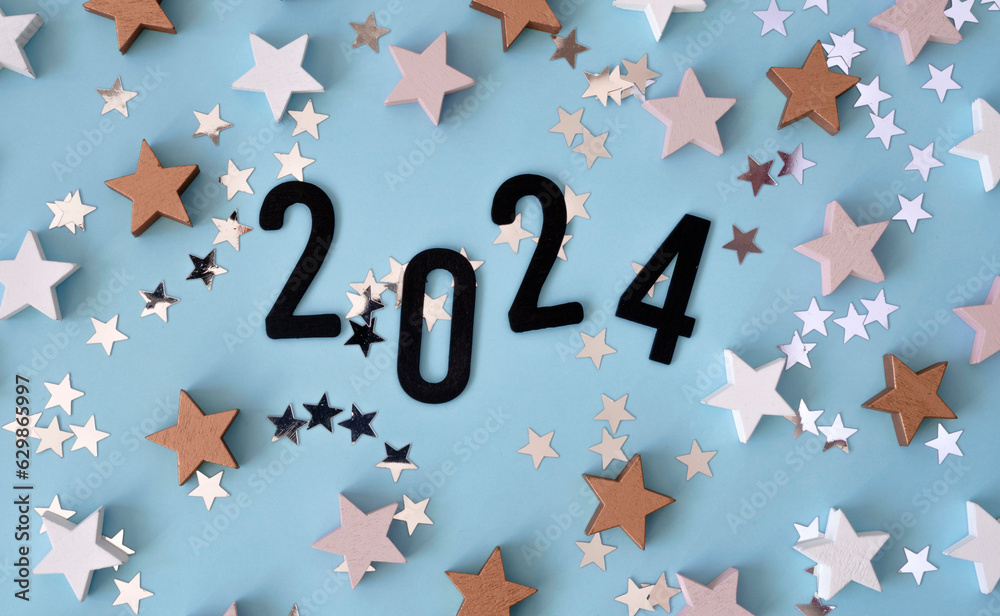 2024. Silver Star-shaped Confetti and White, Gray and Gold Wooden Stars ...