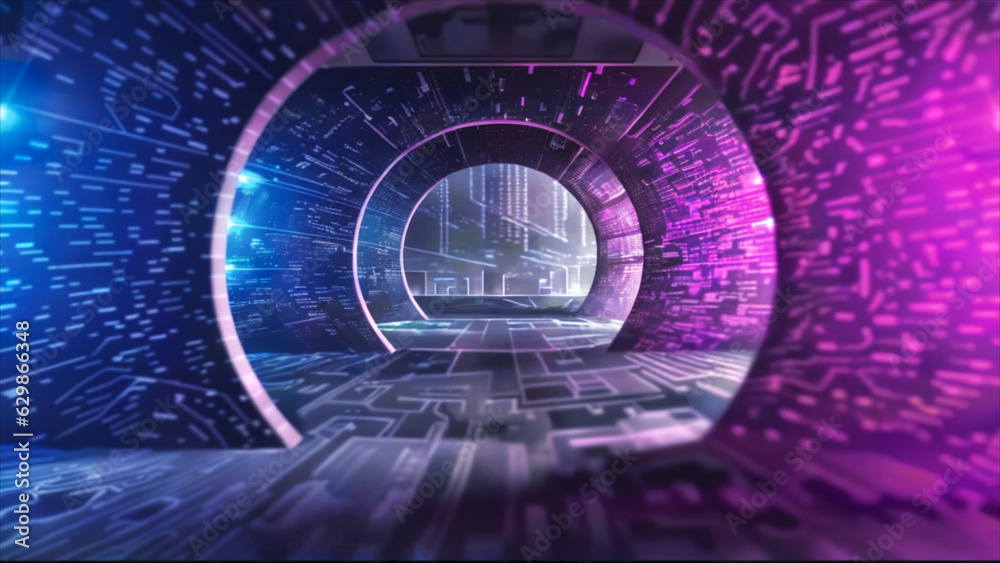 VR concept. Flying through a circular digital tunnel inside a sphere ...