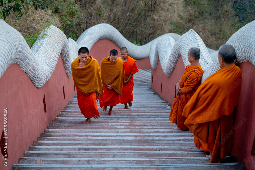 Senior monks stand and look to young monks during they walk on stair of ...