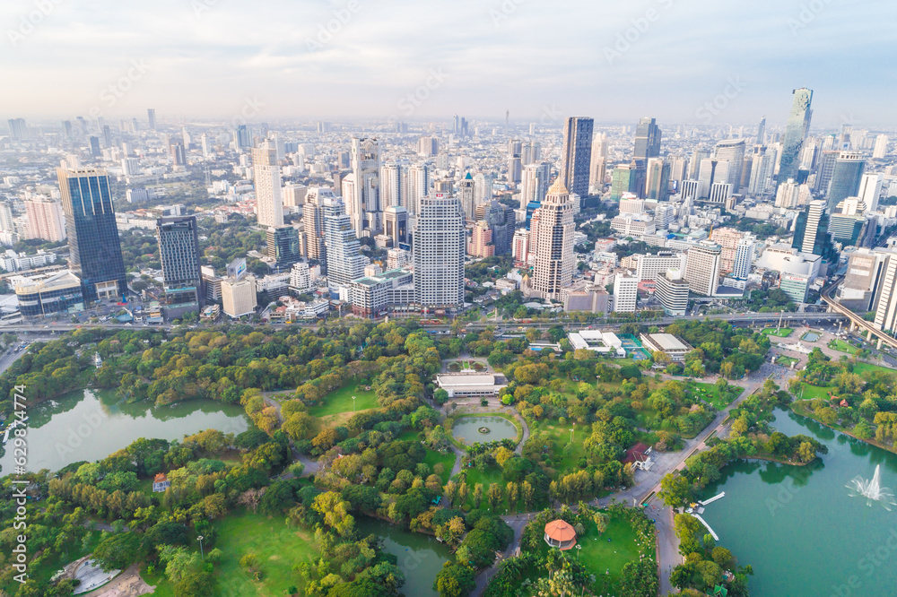 Aerial view Office building with Lumpini Park downtown Financial ...
