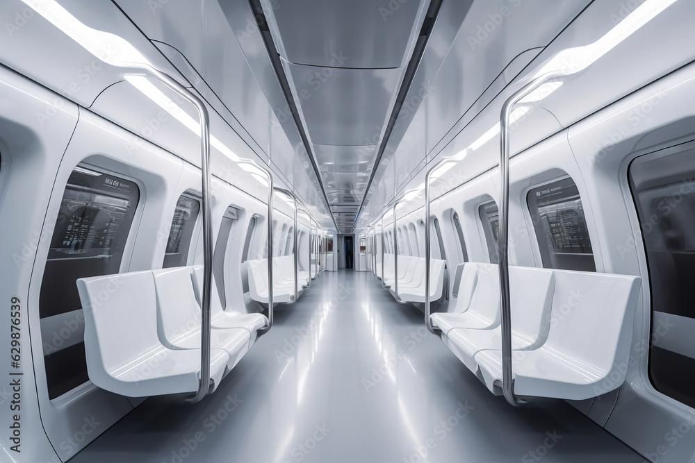 Interior of the salon of futuristic sci-fi train, transport of the ...