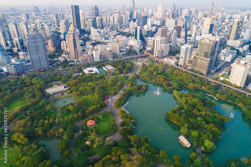 Aerial view Office building with Lumpini Park downtown Financial ...