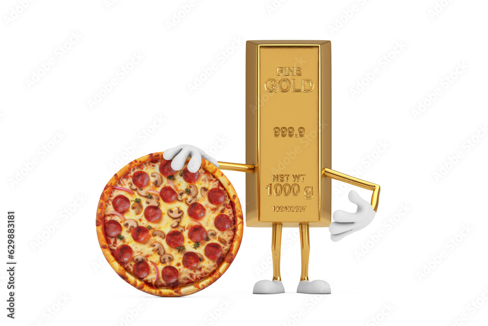 Golden Bar Cartoon Person Character Mascot with Tasty Pepperoni Pizza ...