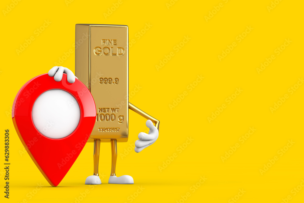 Golden Bar Cartoon Person Character Mascot with Red Target Map Pointer ...