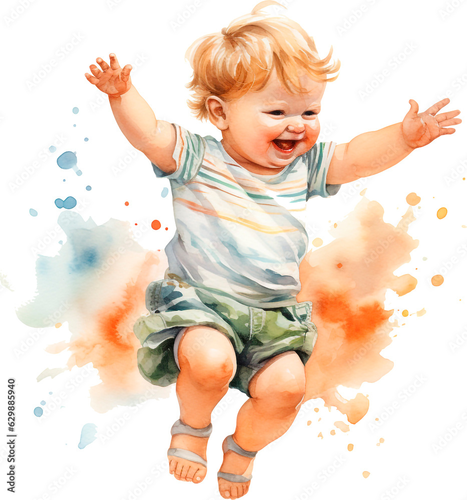 Watercolor dancing kid, happy boy dance, playing boy, watercolor ...