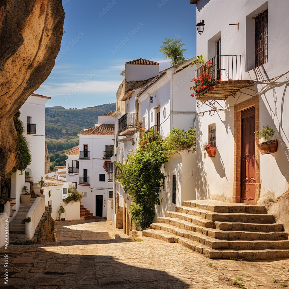 Perspective view of a white washed village pueblos blancos in Spain at ...