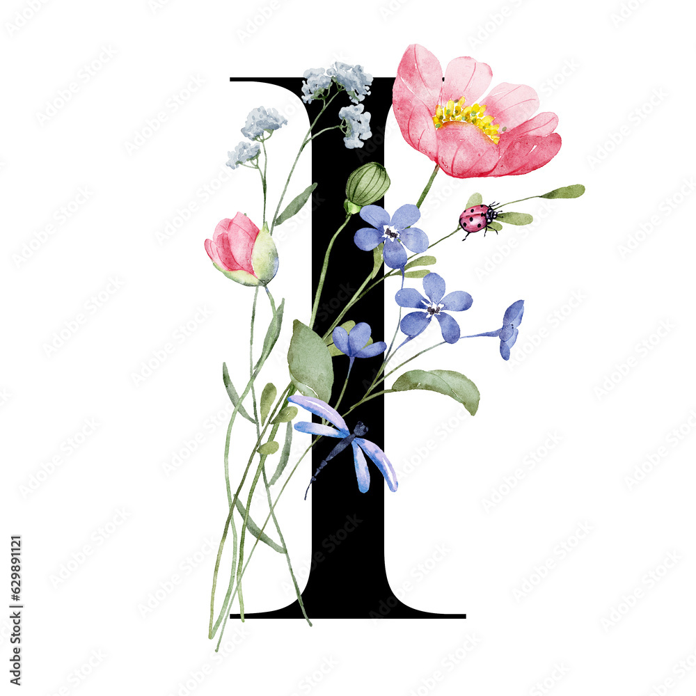 Floral alphabet, letter I with watercolor flowers and leaf. Monogram ...