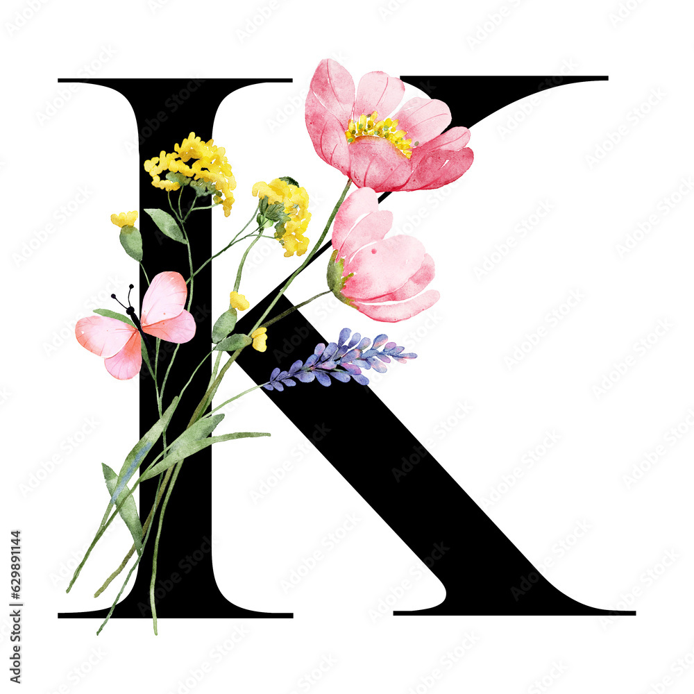 Floral alphabet, letter K with watercolor flowers and leaf. Monogram ...