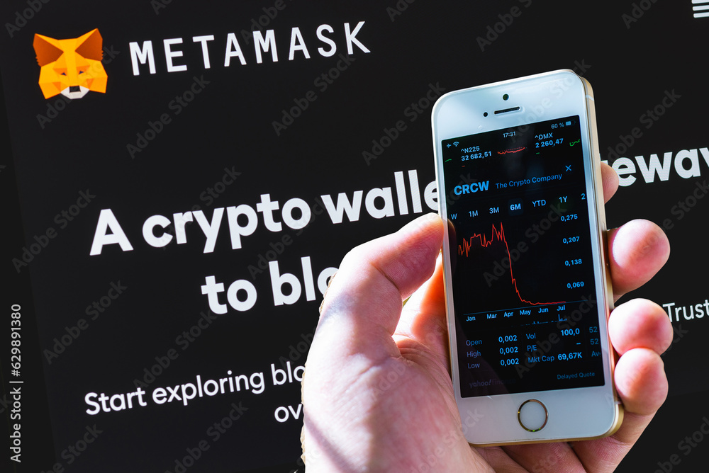 MetaMask app running at smartphone screen with trading candlestick ...