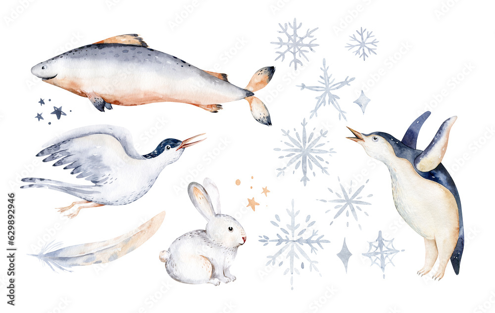 polar arctic animals watercolor collection set. snowy owl. reindeer ...