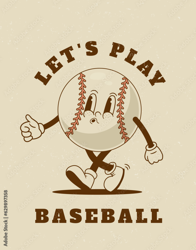 Retro cartoon baseball mascot poster. Vintage game balls character ...